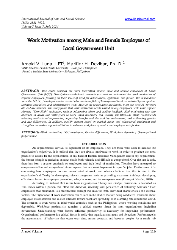 (PDF) Work Motivation among Male and Female Employees of Local ...