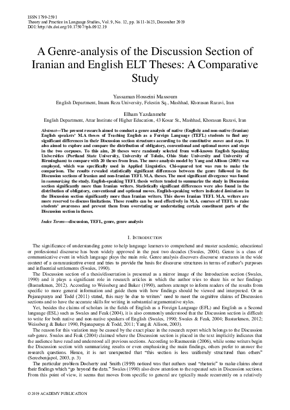 (PDF) A Genre-analysis of the Discussion Section of Iranian and English ...