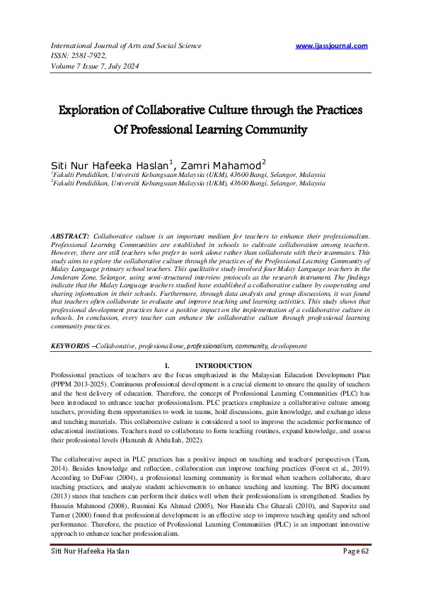 (PDF) Exploration of Collaborative Culture through the Practices Of Professional Learning Community