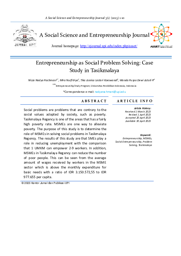 (PDF) Entrepreneurship as Social Problem Solving: Case Study in Tasikmalaya