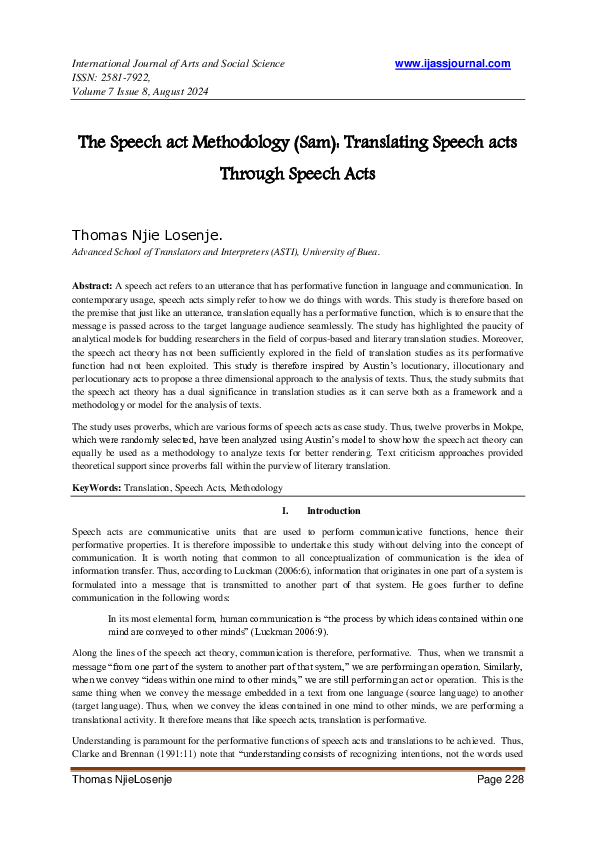 (PDF) The Speech act Methodology (Sam): Translating Speech acts Through ...