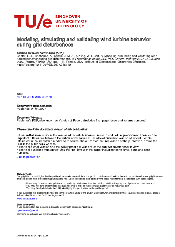 (PDF) Modeling, Simulating and Validating Wind Turbine Behavior During Grid Disturbances