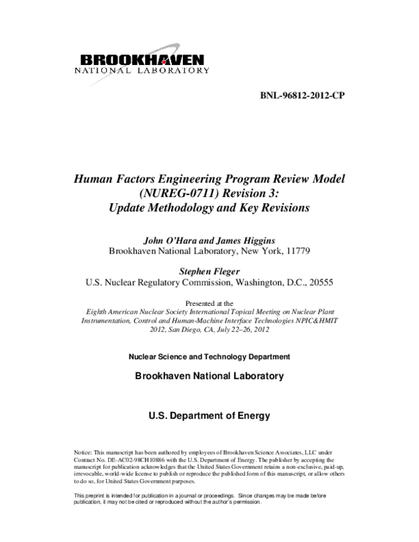 (PDF) Human Factors Engineering Program Review Model (NUREG-0711) Revision 3: Update Methodology ...