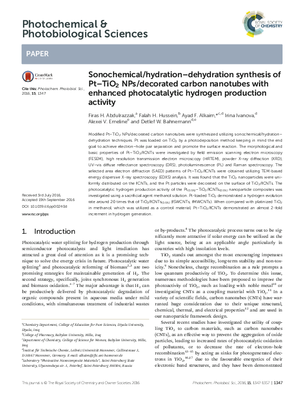(PDF) Sonochemical/hydration—dehydration synthesis of Pt—TiO2 NPs/decorated carbon nanotubes ...