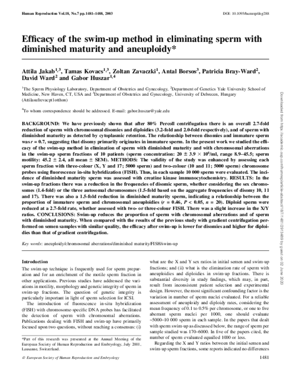 Efficacy of the swim-up method in eliminating sperm with diminished ...