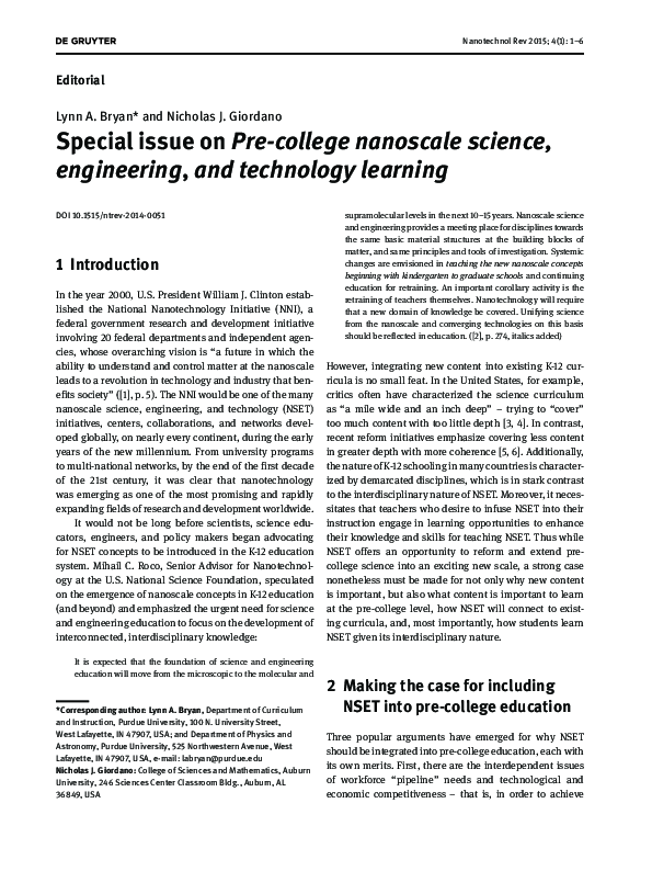 (PDF) Special issue on Pre-college nanoscale science, engineering, and technology learning