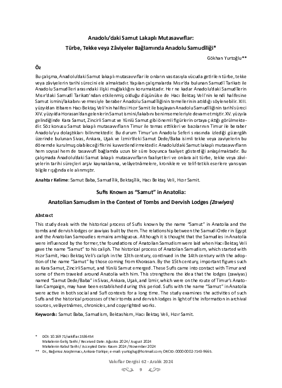 (PDF) Anadolu’daki Samut Lakaplı Mutasavvıflar: Türbe, Tekke veya Zâviyeler Bağlamında Anadolu ...