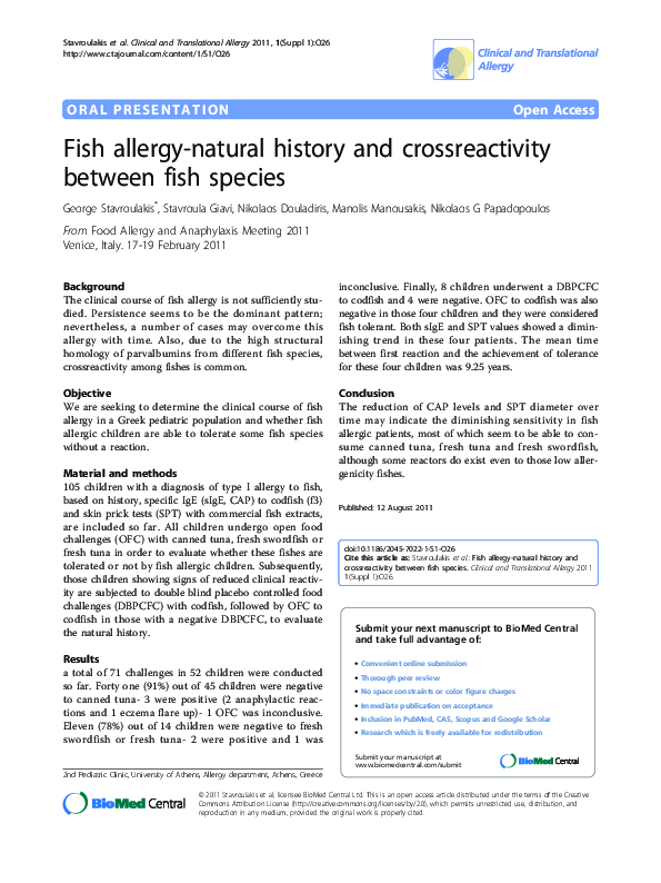 (PDF) Fish allergy-natural history and crossreactivity between fish species