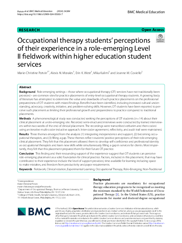 (PDF) Occupational therapy students' perceptions of their experience in ...