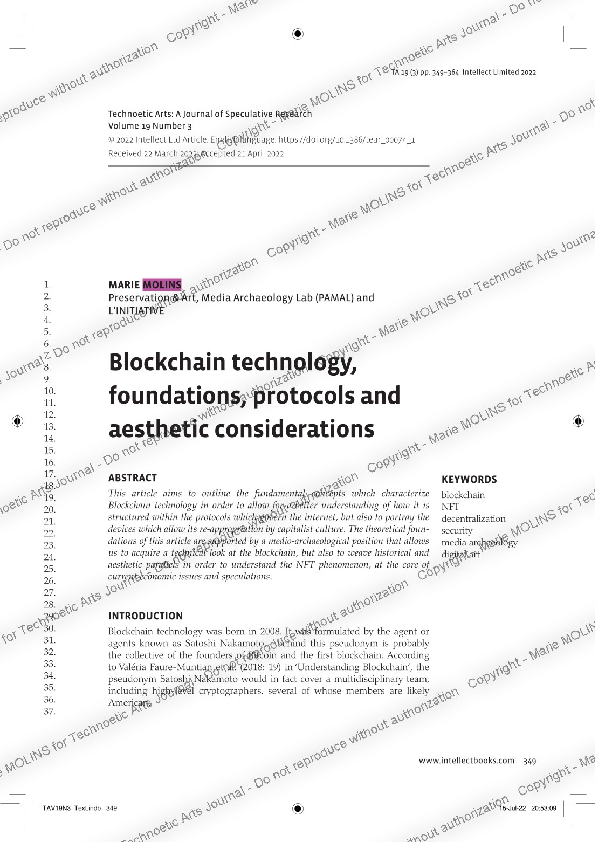 (PDF) Blockchain technology, foundations, protocols and aesthetic considerations