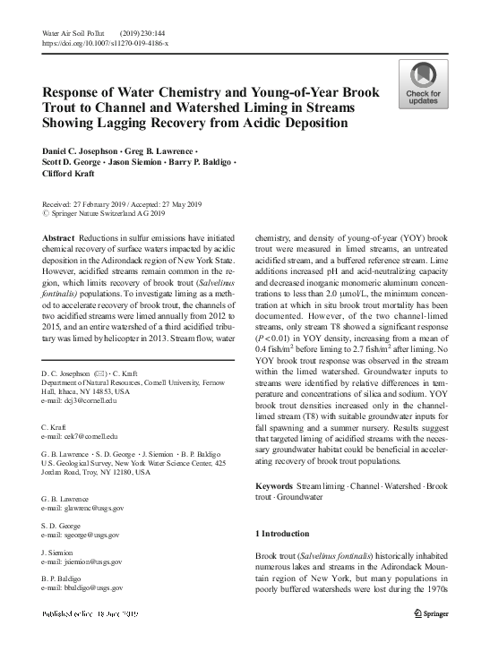 (PDF) Response of Water Chemistry and Young-of-Year Brook Trout to ...