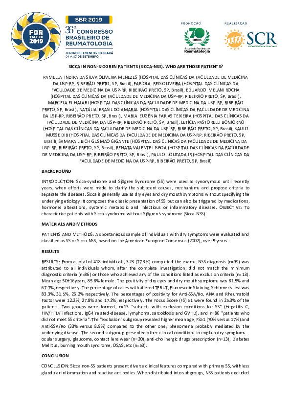 (PDF) Sicca in Non-Sjogren Patients (Sicca-Nss). Who Are Those Patients?