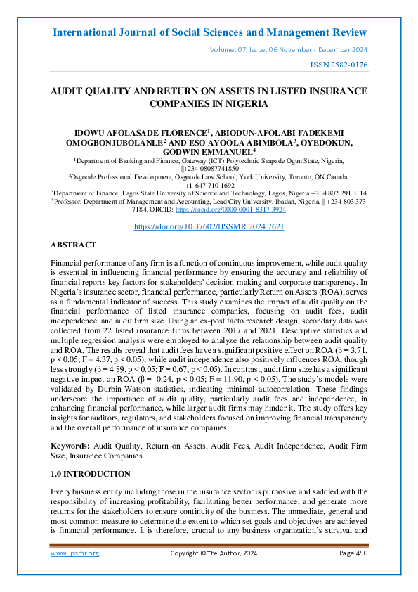 (PDF) AUDIT QUALITY AND RETURN ON ASSETS IN LISTED INSURANCE COMPANIES ...