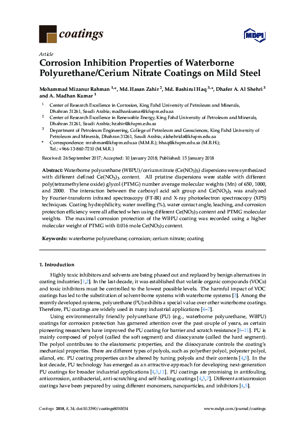 (PDF) Corrosion Inhibition Properties of Waterborne Polyurethane/Cerium ...