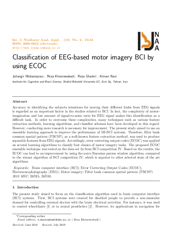 (PDF) Classification of EEG-based motor imagery BCI by using ECOC