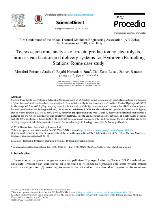 (PDF) Techno-economic analysis of in-situ production by electrolysis, biomass gasification and ...