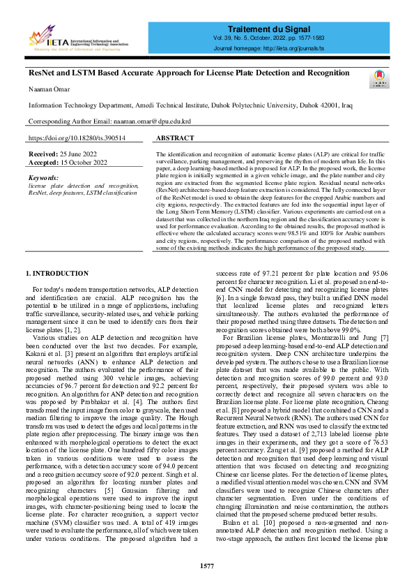 (PDF) ResNet and LSTM Based Accurate Approach for License Plate Detection and Recognition