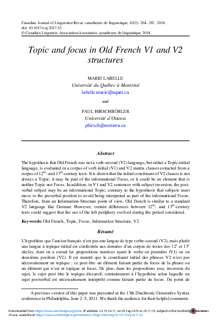 (PDF) Topic and focus in Old French V1 and V2 structures