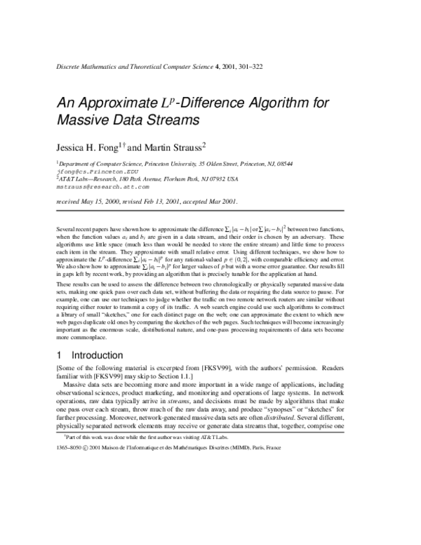 (PDF) An Approximate L p-Difference Algorithm for Massive Data Streams