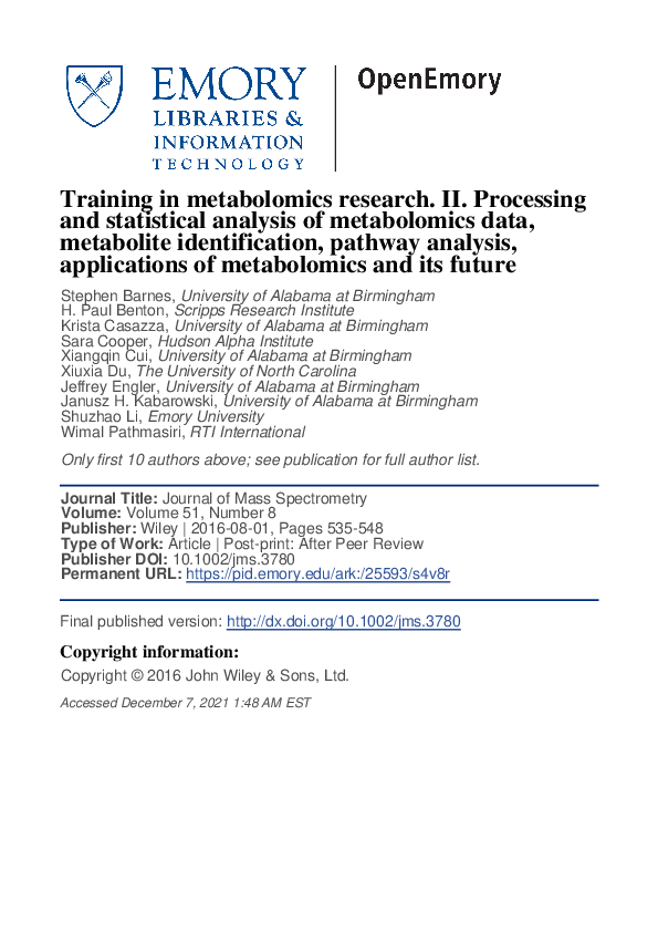 Pdf Training In Metabolomics Research Ii Processing And Statistical Analysis Of Metabolomics