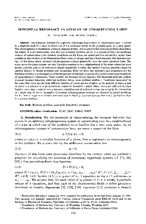 (PDF) Resonance in Conservation Laws Systems