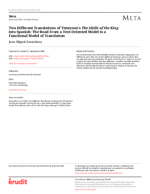 (PDF) Two Different Translations of Tennyson’s The Idylls of the King ...