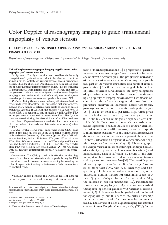 (PDF) Color Doppler Ultrasonography Imaging to Guide Transluminal Angioplasty of Venous Stenosis