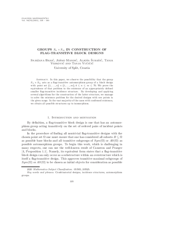 (PDF) Groups \(S_n \times S_m\) in construction of flag-transitive block designs