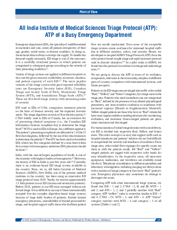 (PDF) All india institute of medical sciences triage protocol (ATP): ATP of a busy emergency ...