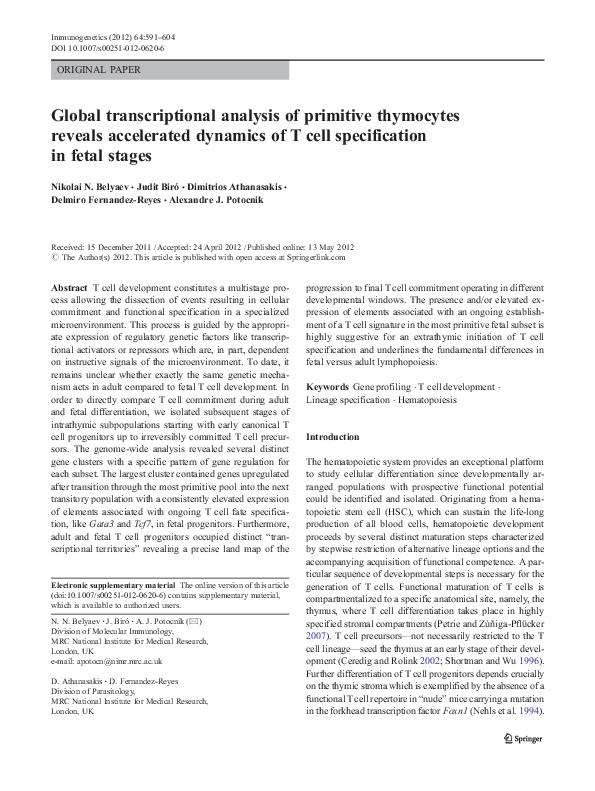 (PDF) Global transcriptional analysis of primitive thymocytes reveals ...
