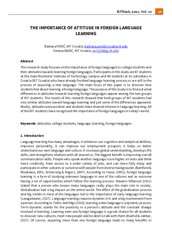 (PDF) THE IMPORTANCE OF ATTITUDE IN FOREIGN LANGUAGE LEARNING