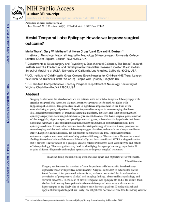 (PDF) Mesial temporal lobe epilepsy: How do we improve surgical outcome?