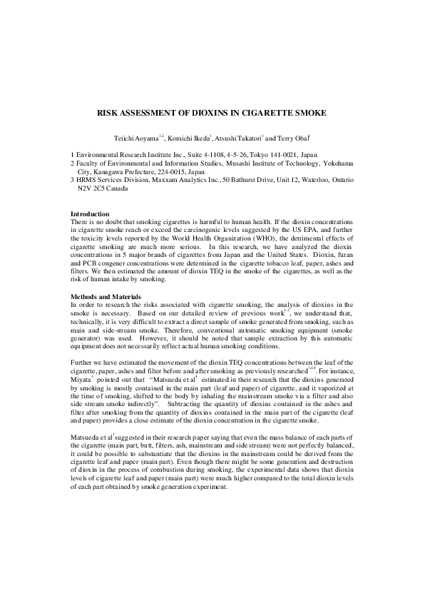 (PDF) Risk Assessment of Dioxins in Cigarette Smoke