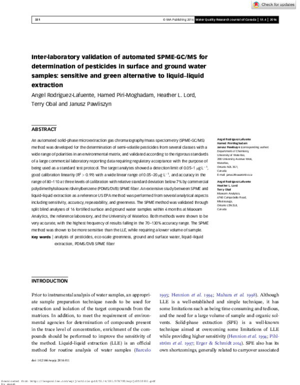 (PDF) Inter-laboratory validation of automated SPME-GC/MS for determination of pesticides in ...