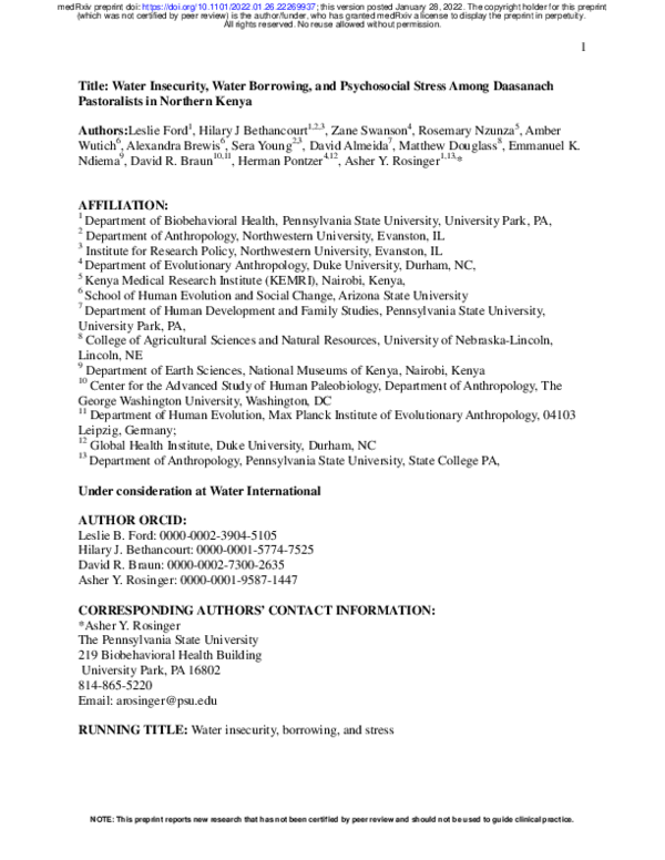 (PDF) Water Insecurity, Water Borrowing, and Psychosocial Stress Among ...