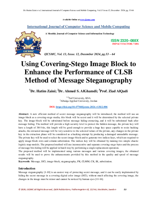 (PDF) Using Covering-Stego Image Block to Enhance the Performance of CLSB Method of Message ...