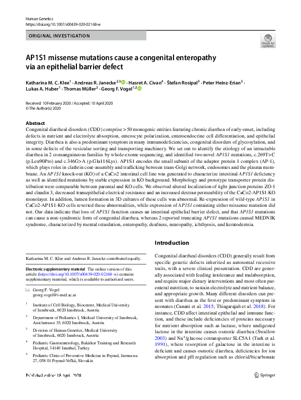 (PDF) AP1S1 missense mutations cause a congenital enteropathy via an ...
