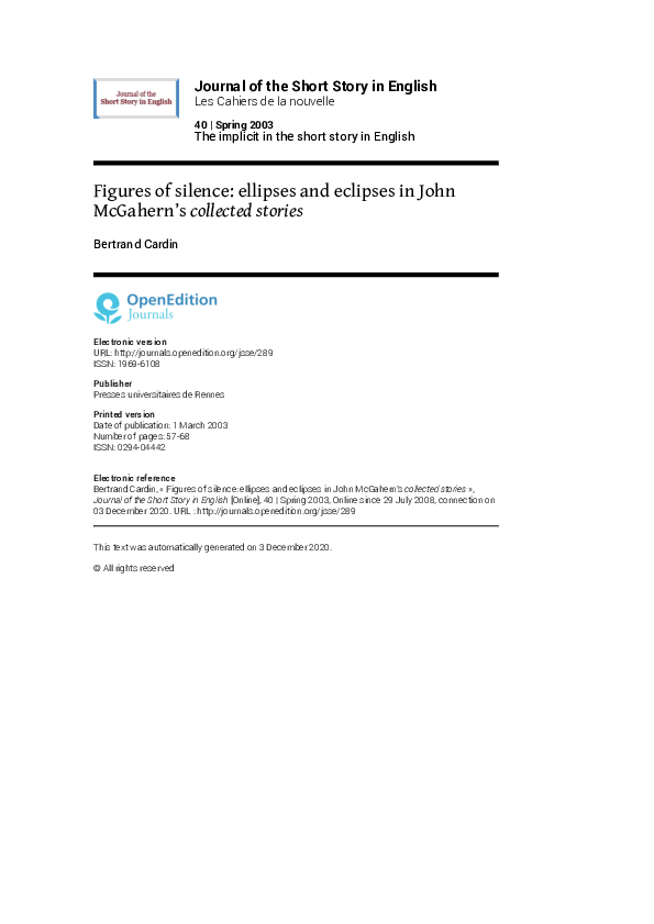 (PDF) Figures of silence: ellipses and eclipses in John McGahern's ...