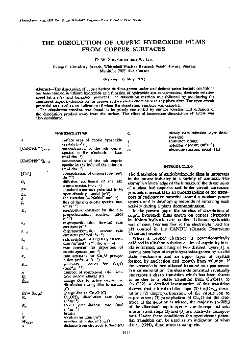 (PDF) The dissolution of cupric hydroxide films from copper surfaces