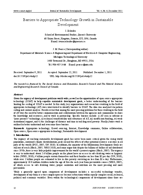 (PDF) Barriers to Appropriate Technology Growth in Sustainable Development