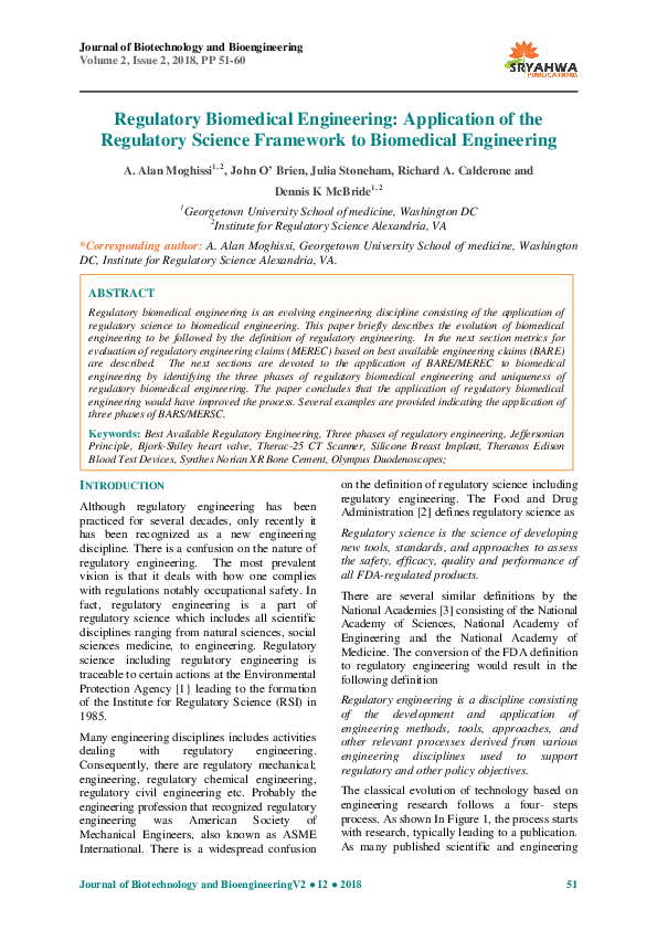 (PDF) Regulatory Biomedical Engineering: Application of the Regulatory ...