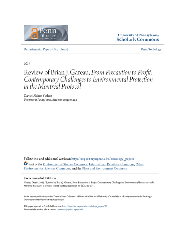 (PDF) Review of Brian J. Gareau, \u3cem\u3eFrom Precaution to Profit ...