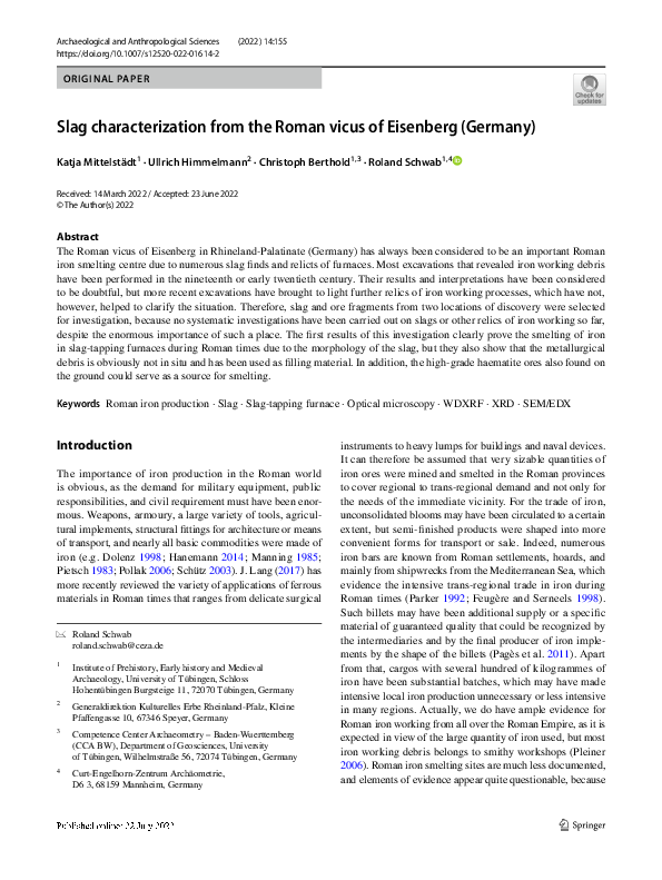 (PDF) Slag characterization from the Roman vicus of Eisenberg (Germany)