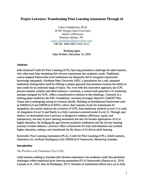 (PDF) Project Lawrence: Transforming Prior Learning Assessment Through AI