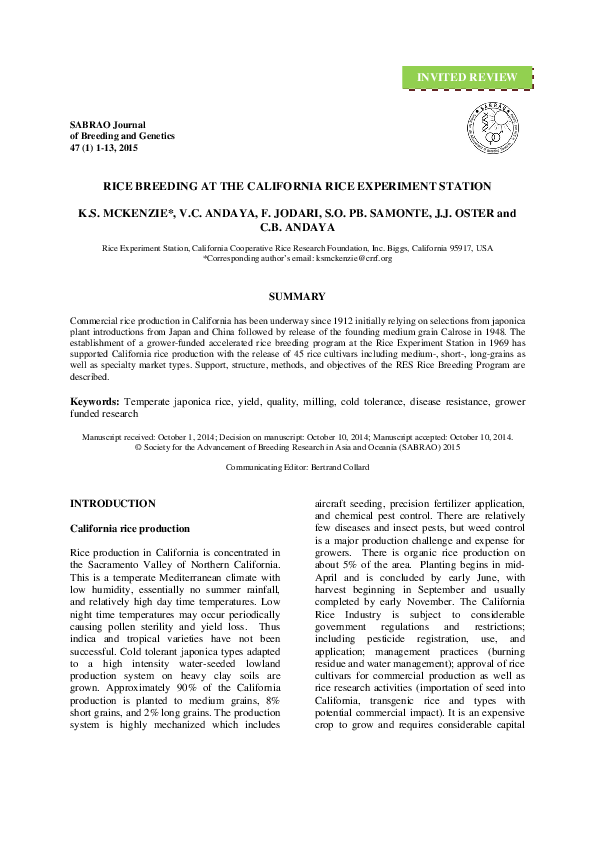 (PDF) Rice breeding at the California Rice Experiment Station