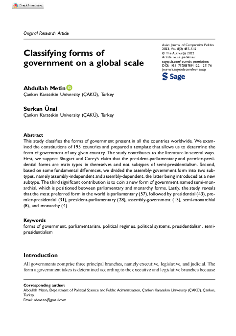 (PDF) Classifying forms of government on a global scale
