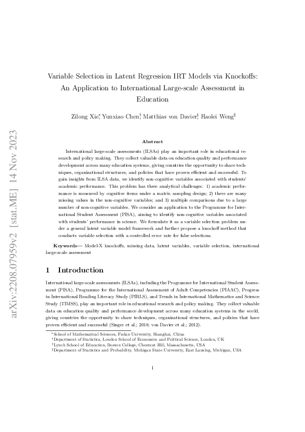 Pdf Variable Selection In Latent Regression Irt Models Via Knockoffs