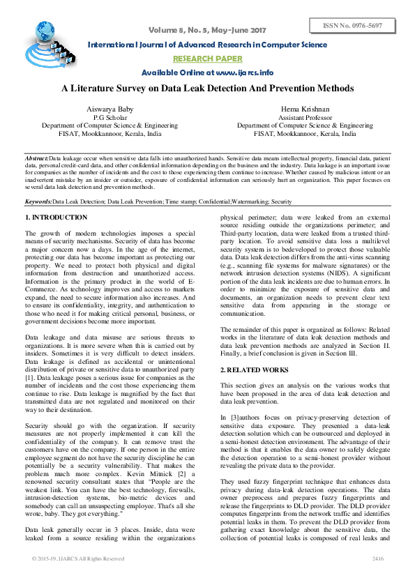 Pdf A Literature Survey On Data Leak Detection And Prevention Methods