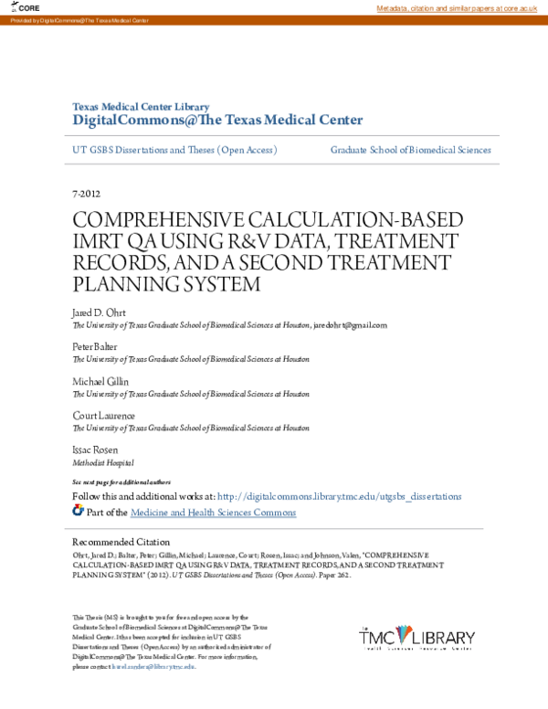 (PDF) Comprehensive Calculation-Based Imrt Qa Using R&V Data, Treatment Records, and a Second ...
