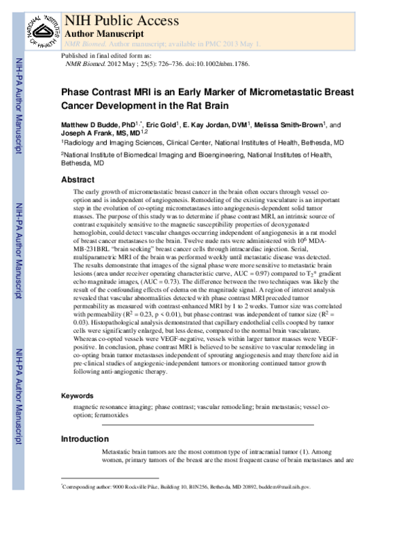 (PDF) Phase contrast MRI is an early marker of micrometastatic breast ...